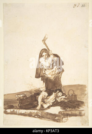 This drawing by Francisco Goya depicts a woman raising an axe to behead ...