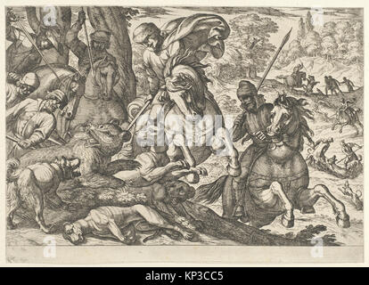 Illustration depicting a bear hunt from the series Venationes Ferarum ...
