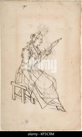 This double-sided illustration shows a woman spinning thread on one ...