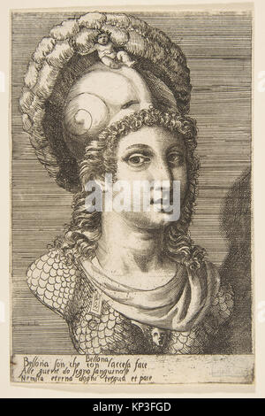 Sculpted bust of Bellona, the Roman goddess of war, showing classical ...