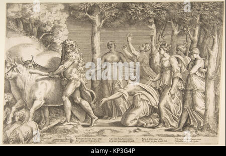 Hercules driving off the cattle of Geryon, at the right are the nymphs ...