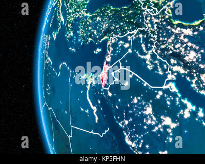 Satellite night view of Israel highlighted in red on planet Earth with clouds. 3D illustration ...