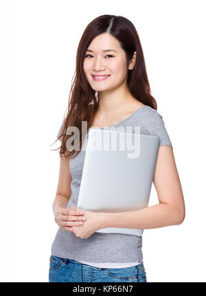 Teenager school girl hold notebook laptop. School children on isolated ...