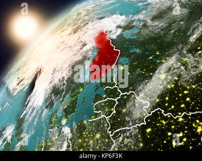 Finland during sunset highlighted in red on planet Earth with clouds. 3D illustration. Elements ...