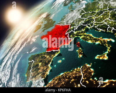 France during sunset highlighted in red on planet Earth with clouds. 3D ...