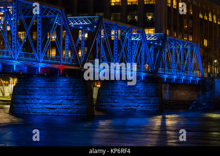 Blue Bridge at night, reflecting off the Grand River in Grand Rapids ...