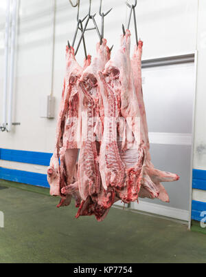 Pork being cut apart and prepared in a meat processing plant Stock ...
