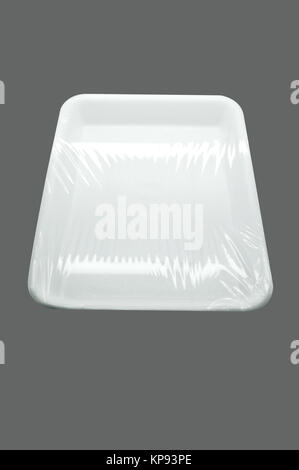 Wrapped empty plastic white food container with blank label isolated ...