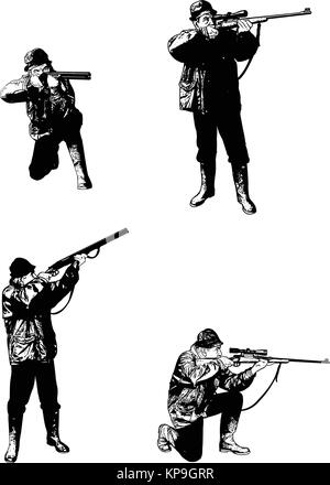 illustration of a hunter aiming shotgun rifle gun at game bird duck ...