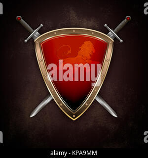 Medieval shield with two swords and scroll of parchment on dark grunge ...