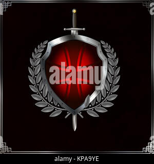 Medieval silver red shield with maltese cross, laurel branch,parchment ...