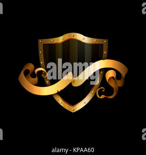 Ancient gold shield with riveted border on black background Stock Photo ...