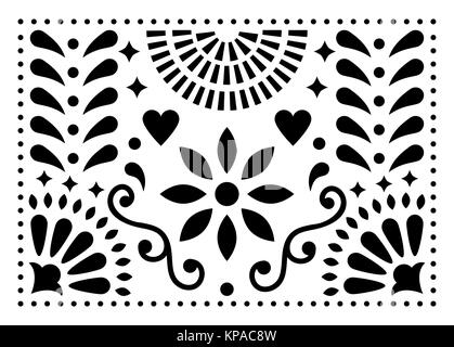 Mexican folk art vector pattern, black and white design with flowers ...