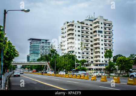 downtown area of Yangon, night view of Pyay road, Myanmar, June-2017 ...