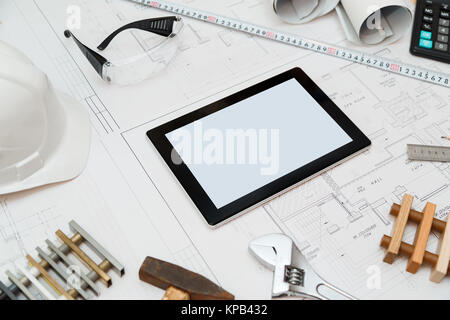 Architectural house plan drawings and tools Stock Photo - Alamy