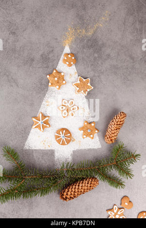 Silver minimal Christmas background with sugar stars and exotic fern ...
