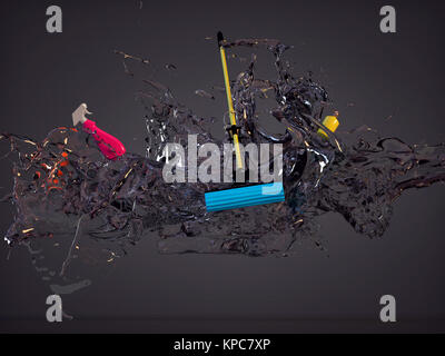 splash of water mixed with mop, spray, bottle of cleanser. illustration ...