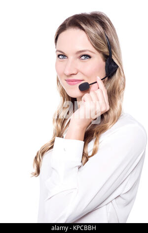 Beautiful help-desk female executive isolated over white Stock Photo ...