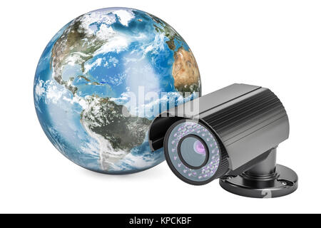 Surveillance camera with Earth Globe, 3D rendering isolated on white ...