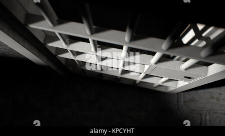 A closeup of the locking mechanism of a closed jail cell with welded ...