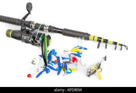 Fishing rod and baits set Stock Photo - Alamy