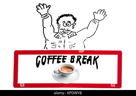 Cartoon character, sign with inscription Coffee Break Stock Photo - Alamy