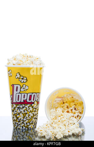 Buckets with tasty popcorn on white background Stock Photo - Alamy