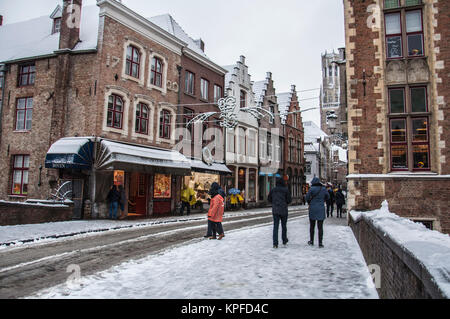 typical street of brugge, snow, snowing day, bruge, flanders, belgium ...