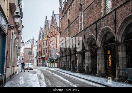 typical street of brugge, snow, snowing day, bruge, flanders, belgium ...