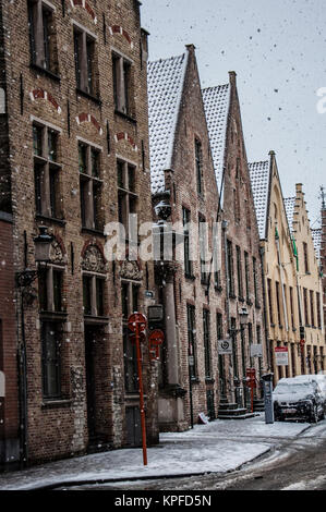 typical street of brugge, snow, snowing day, bruge, flanders, belgium ...