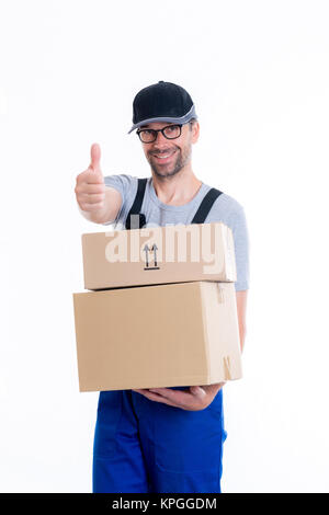friendly postman with parcels and thumb up looking friendly Stock Photo ...