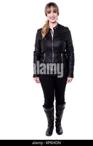 Full length photo of cheerful funky man wear violet sweatshirt dark ...