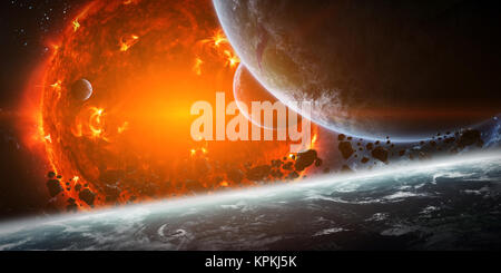 Exploding sun in space close to planet Earth and moon Stock Photo - Alamy
