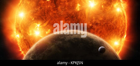 Exploding sun in space close to planet Earth 3D rendering elements of ...
