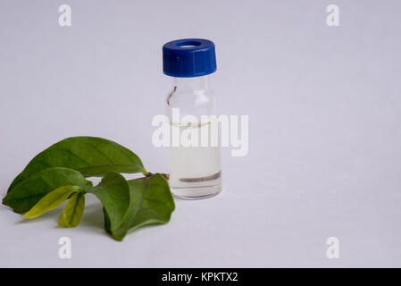 Rack with test tubes, plastic bottle, pipette vials with chemicals ...