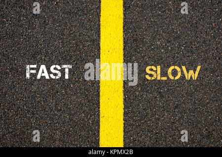 Antonym concept of FAST versus SLOW written over tarmac, road marking ...