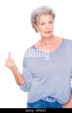 Offended woman showing middle finger Stock Photo - Alamy