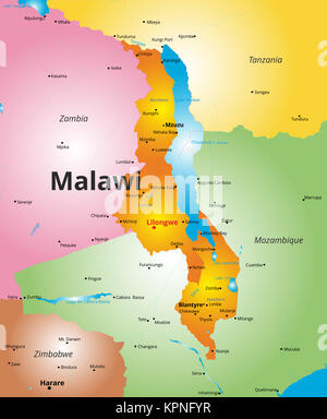 Malawi Political Map with capital Lilongwe, national borders, important ...