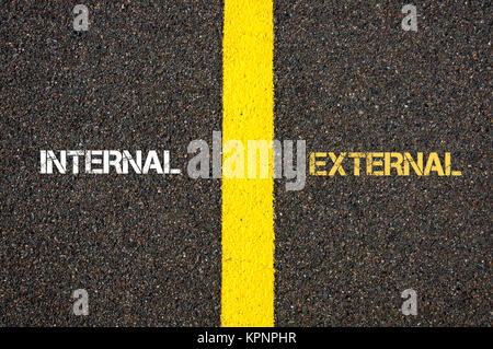 Antonym concept of INTERNAL versus EXTERNAL written over tarmac, road ...