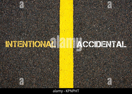 Antonym concept of INTENTIONAL versus ACCIDENTAL written over tarmac ...