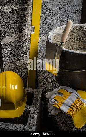 Tools for bricklayer bucket with a solution and a trowel, close Stock ...