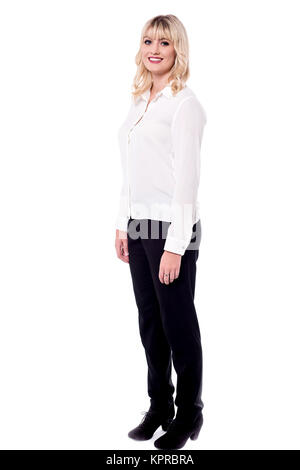 Full length photo of cute charming young lady wear colorful pullover ...