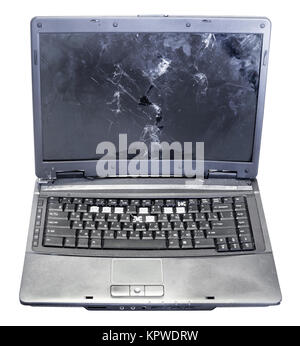 direct view of old broken laptop with hammer Stock Photo - Alamy