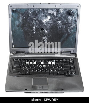 direct view of old broken laptop with hammer Stock Photo - Alamy