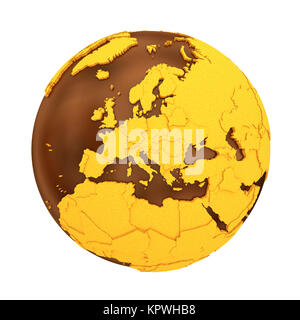 Europe on chocolate model of planet Earth. Sweet crusty continents with ...