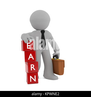 3d business man with a pile of red cubes and the word earn on a white ...