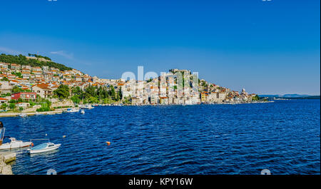 Panoramic view of Croatian coastal city Split viewed from moutain ...