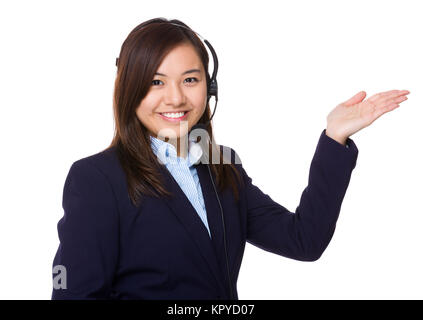 Customer services representative with open hand palm Stock Photo - Alamy