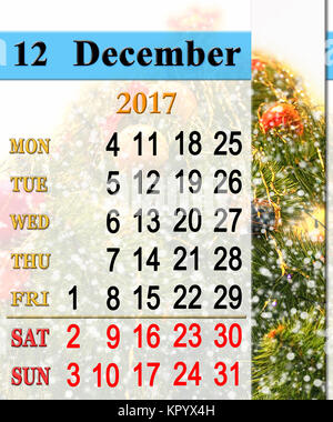 calendar for December 2017 with New-Year tree decorations Stock Photo ...