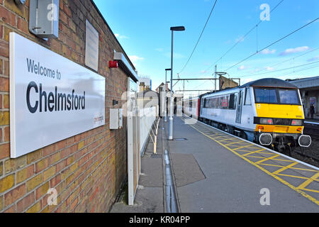 Chelmsford Essex train station platform welcome to Chelmsford sign with ...